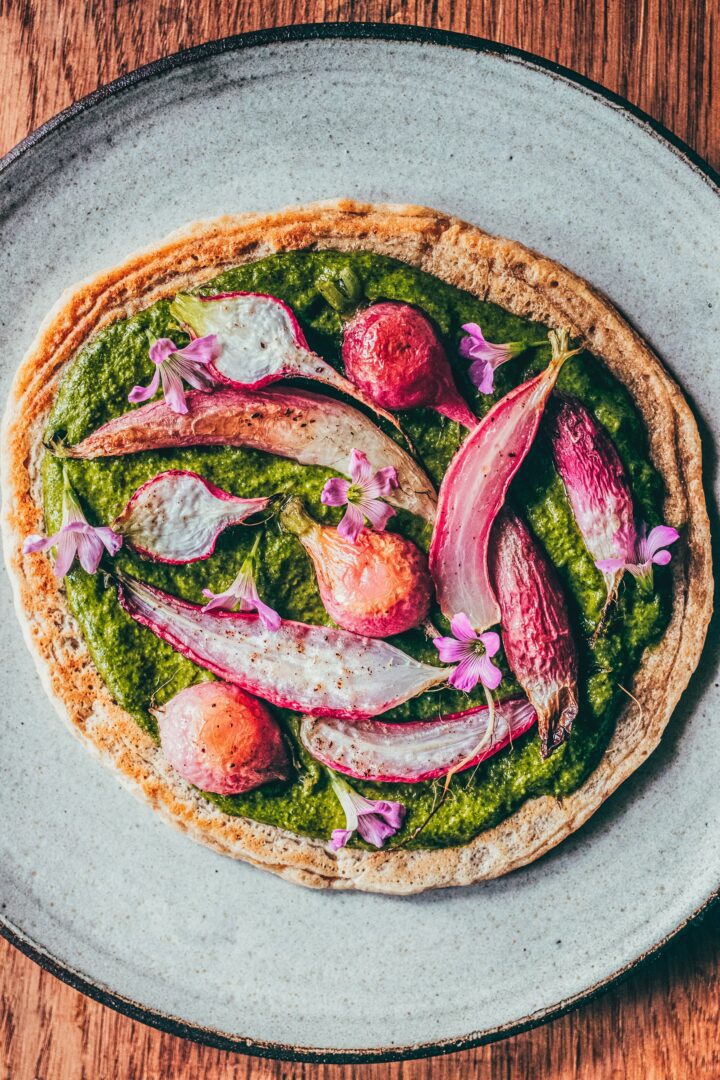 Oat Flatbread with Roasted Radishes & Cashew Nettle Pesto | sweet ...